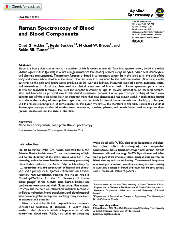 (PDF) Raman Spectroscopy of Blood and Blood Components