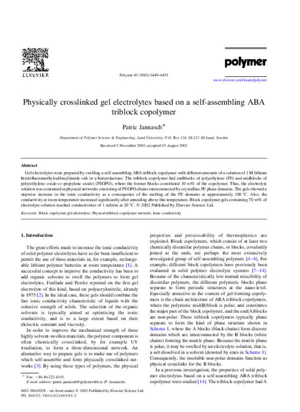 Physically Crosslinked Gel Electrolytes Based On A Self Assembling Aba Triblock Copolymer
