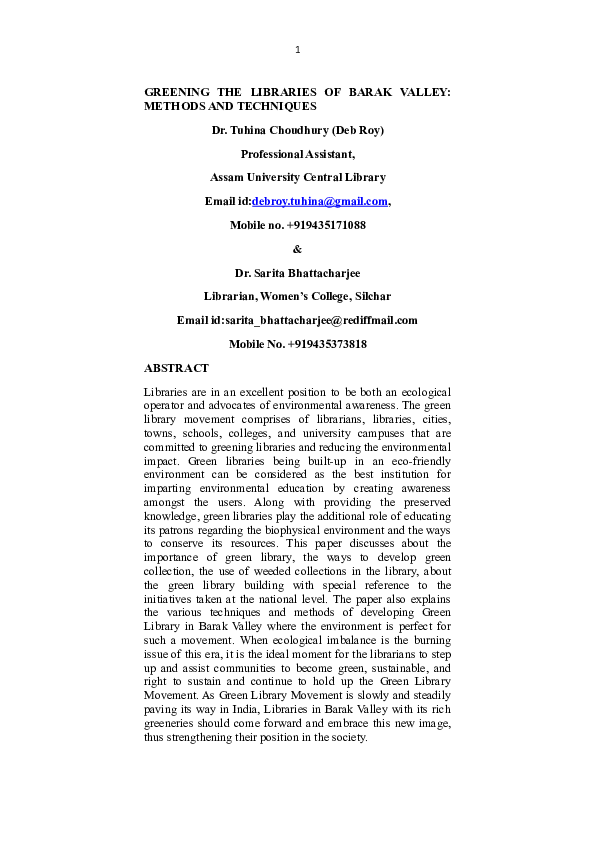 (DOC) GREENING THE LIBRARIES OF BARAK VALLEY: METHODS AND TECHNIQUES
