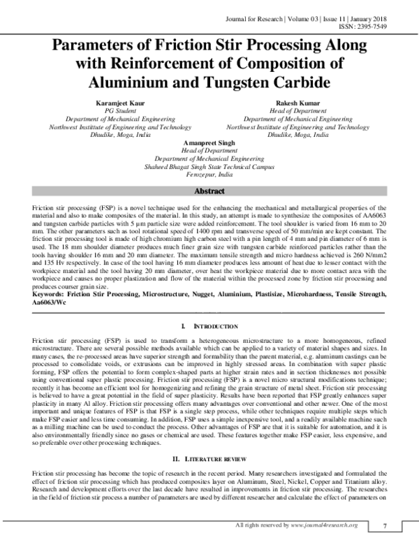 (PDF) Parameters of Friction Stir Processing Along with Reinforcement ...