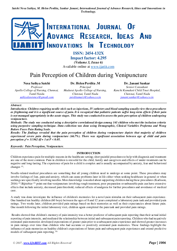 (PDF) Pain Perception of Children during Venipuncture