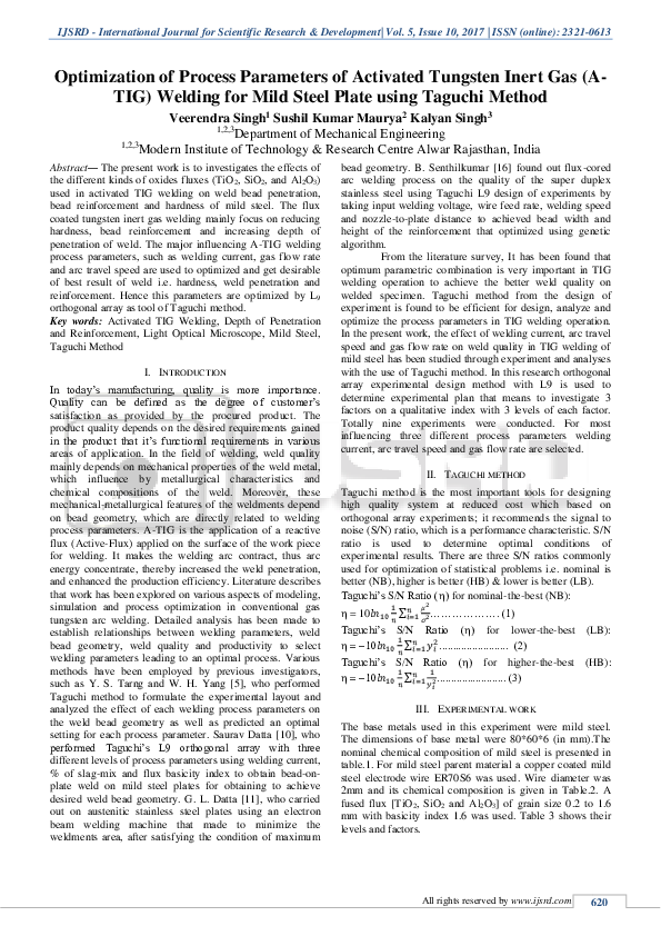 (PDF) Optimization of Process Parameters of Activated Tungsten Inert Gas (A- TIG) Welding for ...