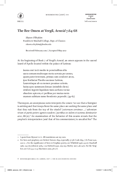 (PDF) The Bee Omen at Vergil, Aeneid 7.64-68 (forthcoming in Mnemosyne)