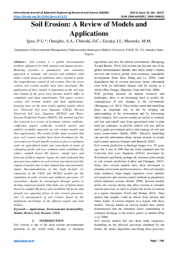 (PDF) Soil Erosion: A Review of Models and Applications
