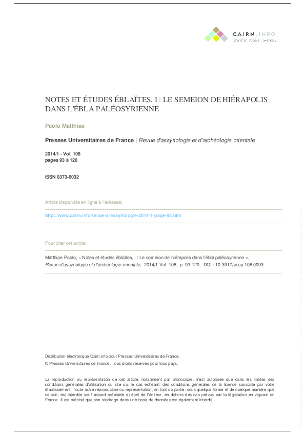 (PDF) NOTES ET ÉTUDES ÉBLAÏTES, I : LE SEMEION DE HIÉRAPOLIS DANS L ...