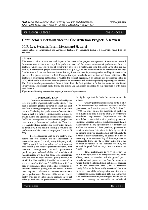 (PDF) CONTRACTOR’S PERFORMANCE FOR CONSTRUCTION PROJECT: A REVIEW ...