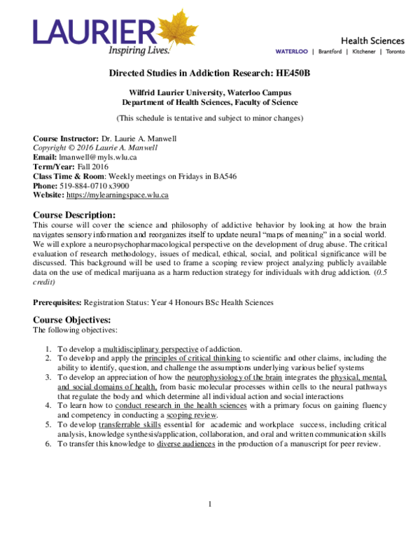 (PDF) Directed Studies in Addiction Research: HE450B - Cannabis and ...