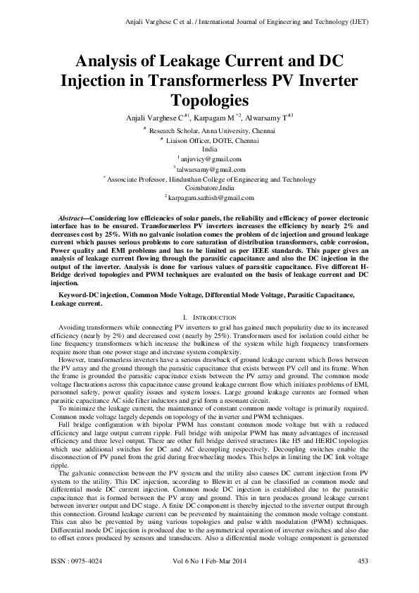 Pdf Analysis Of Leakage Current And Dc Injection In Transformerless Pv Inverter Topologies