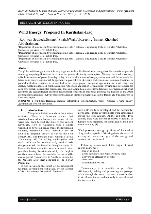 (PDF) Wind Energy Proposed In Kurdistan-Iraq