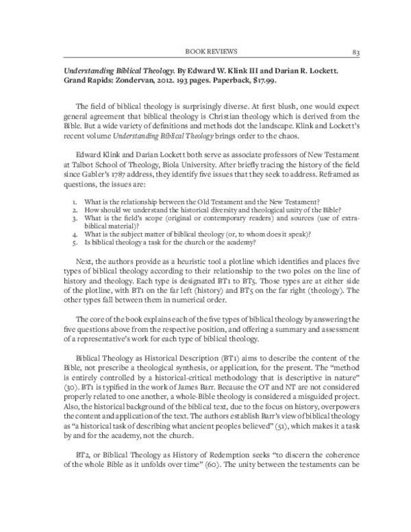 (PDF) Review of Understanding Biblical Theology by Edward W. Klink III ...