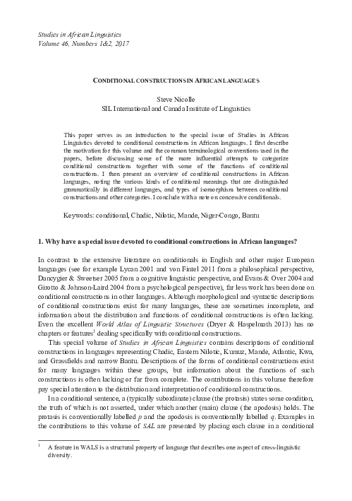 Pdf Conditional Constructions In African Languages Steve Nicolle