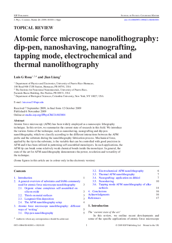 Pdf Atomic Force Microscope Nanolithography Dip Pen Nanoshaving Nanografting Tapping Mode