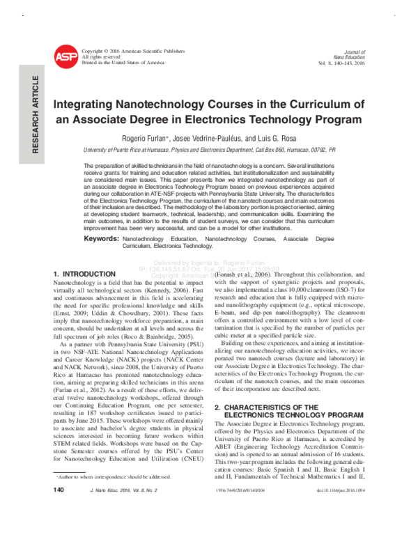 (PDF) Integrating Nanotechnology Courses in the Curriculum of an ...