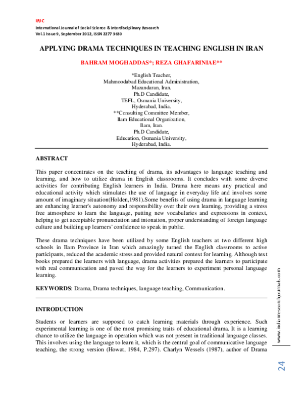 (PDF) APPLYING DRAMA TECHNIQUES IN TEACHING ENGLISH IN IRAN (PDF) APPLYING DRAMA TECHNIQUES IN TEACHING ENGLISH IN IRAN
