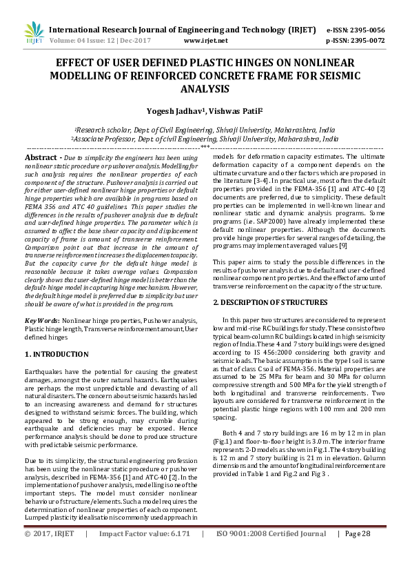 Pdf Effect Of User Defined Plastic Hinges On Nonlinear Modelling Of Reinforced Concrete Frame