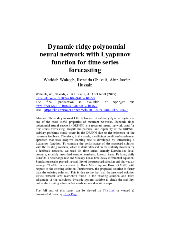 Pdf Dynamic Ridge Polynomial Neural Network With Lyapunov Function