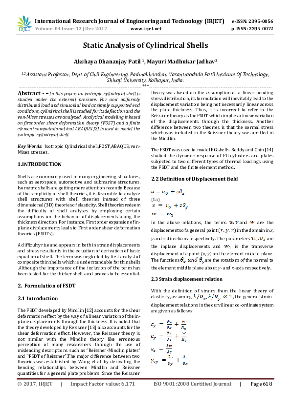 (PDF) Static Analysis of Cylindrical Shells