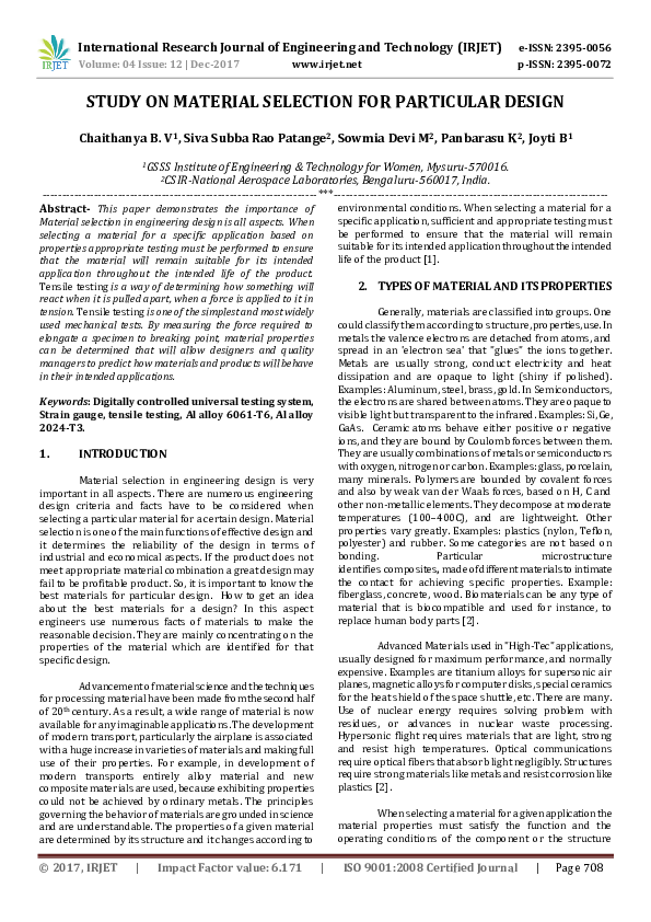 (PDF) STUDY ON MATERIAL SELECTION FOR PARTICULAR DESIGN