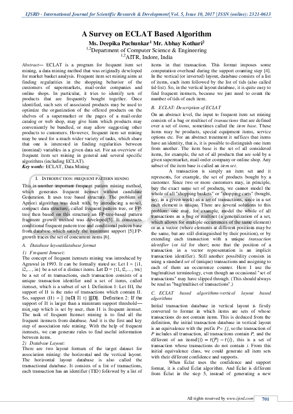 (PDF) A Survey on ECLAT Based Algorithm