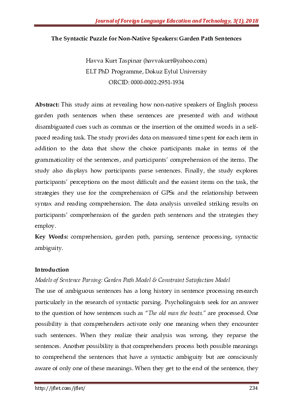 (PDF) The Syntactic Puzzle for Non-Native Speakers: Garden Path Sentences