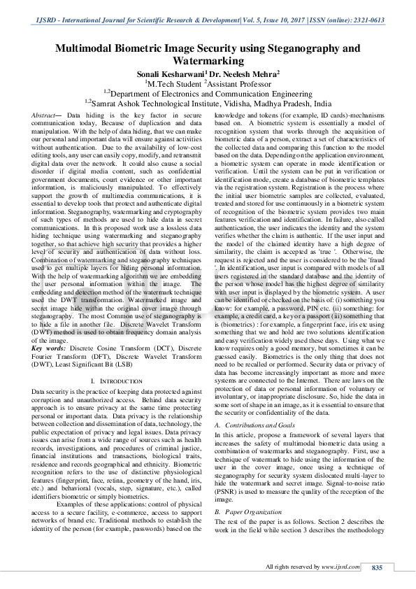 (PDF) Multimodal Biometric Image Security using Steganography and Watermarking