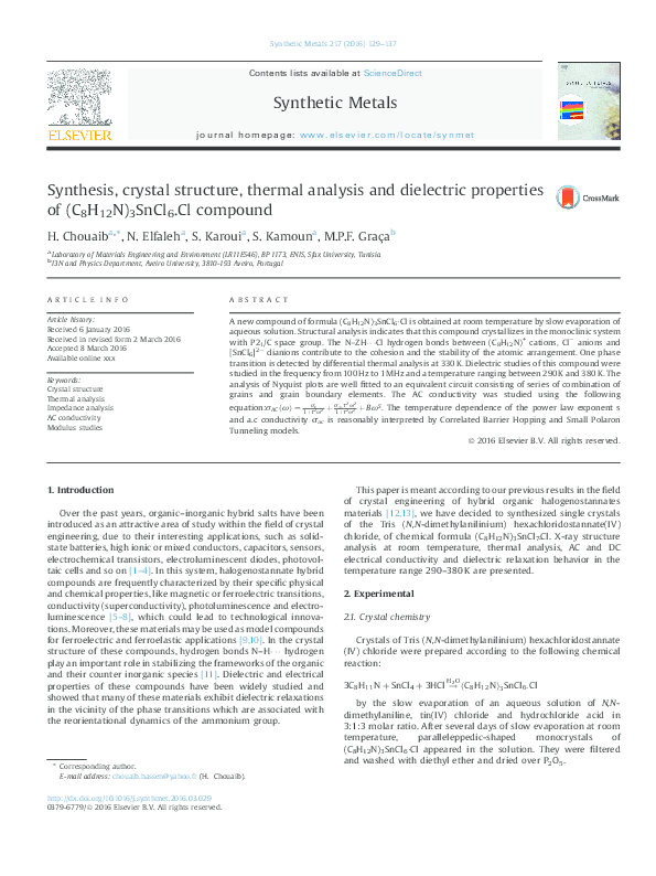 (PDF) Synthesis, crystal structure, thermal analysis and dielectric properties of (C 8 H 12 N) 3 ...