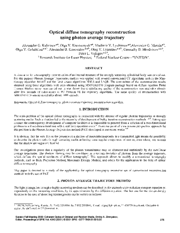 Pdf Optical Diffuse Tomography Reconstruction Using Photon Average Trajectory