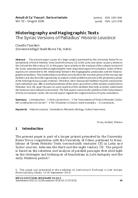 (PDF) Historiography and Hagiographic Texts The Syriac Versions of ...