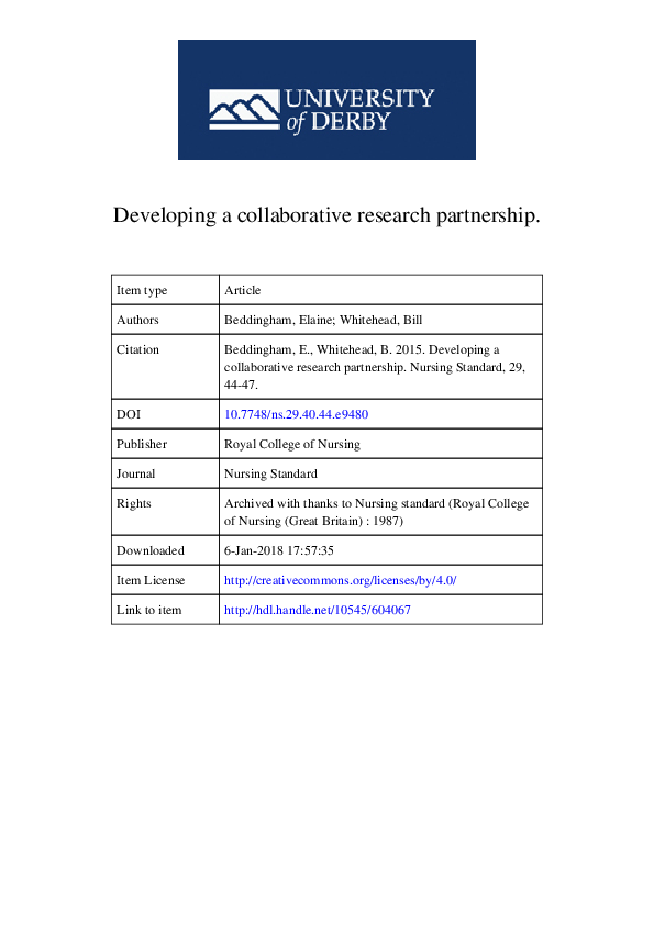 (PDF) Developing a collaborative research partnership. Item type Article