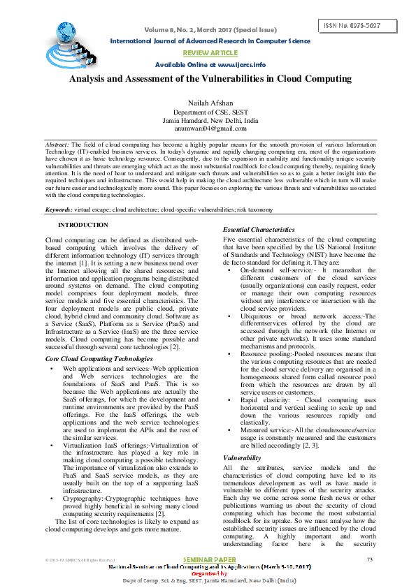 (PDF) Analysis and Assessment of the Vulnerabilities in Cloud Computing