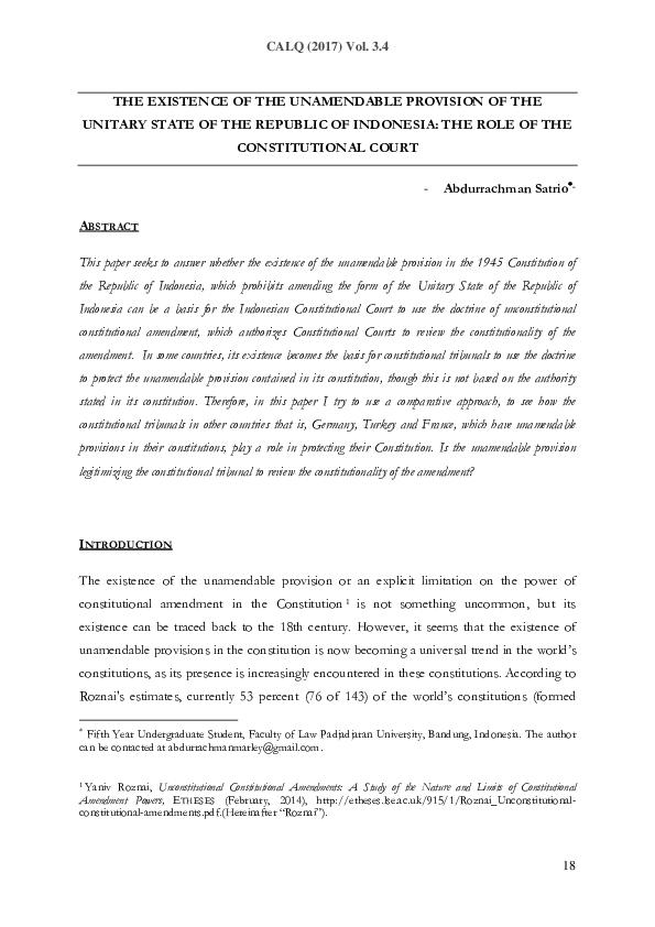 (PDF) Abdurrachman Satrio, "The Existence of the Unamendable Provision ...