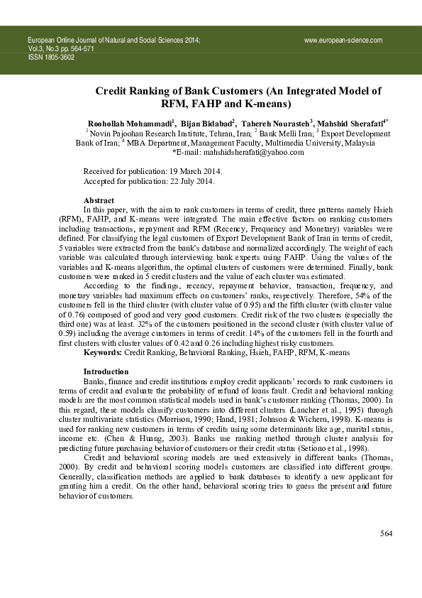(PDF) Credit Ranking of Bank Customers (An Integrated Model of RFM, FAHP and K-means
