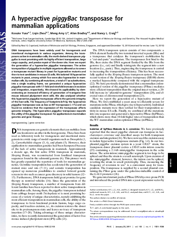 (PDF) A hyperactive piggyBac transposase for mammalian applications