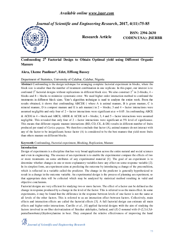 (PDF) CONFOUNDING 2K FACTORIAL DESIGN TO OBTAIN OPTIMAL YIELD USING DIFFERENT ORGANIC MANURE
