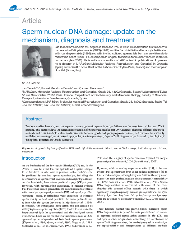 (PDF) Sperm nuclear DNA damage: update on the mechanism, diagnosis and ...