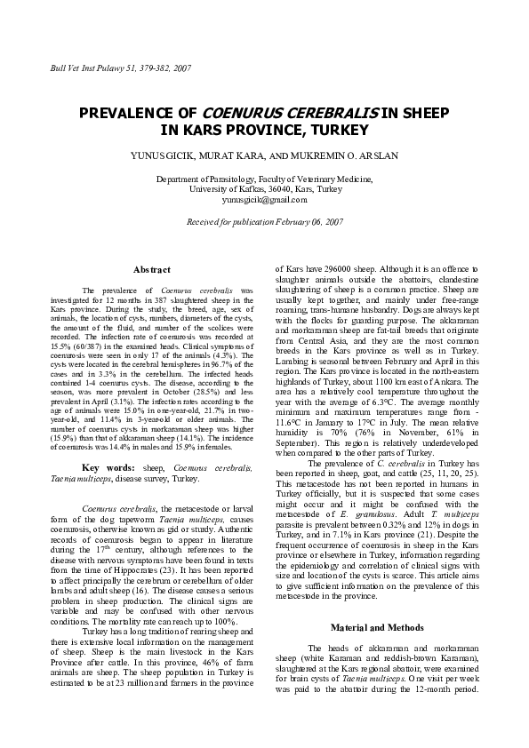 (PDF) PREVALENCE OF COENURUS CEREBRALIS IN SHEEP IN KARS PROVINCE, TURKEY