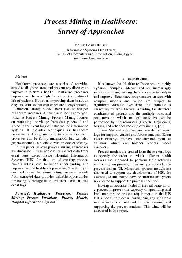 (PDF) Process Mining in Healthcare: Survey of Approaches