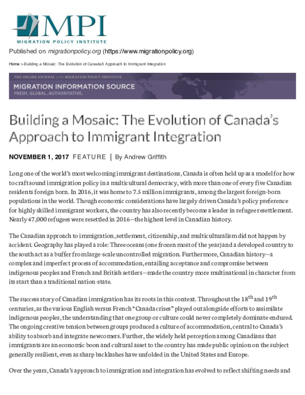 (PDF) Building a Mosaic The Evolution of Canadas Approach to Immigrant ...