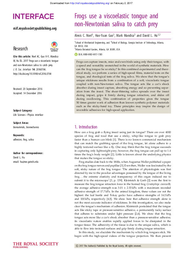 (PDF) Frogs use a viscoelastic tongue and non-Newtonian saliva to catch ...