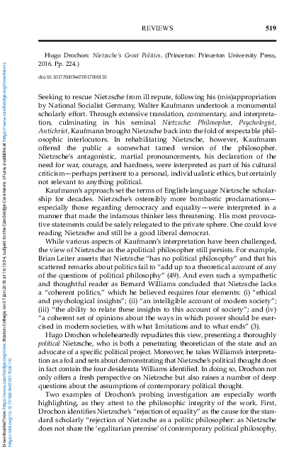 (PDF) Review: Hugo Drochon, Nietzsche’s Great Politics. (Princeton ...