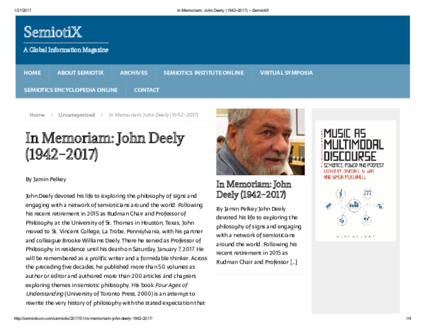(PDF) In Memoriam: John Deely (1942-2017)