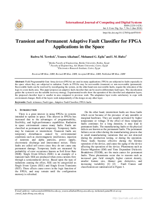 (PDF) Transient and Permanent Adaptive Fault Classifier for FPGA Applications in the Space