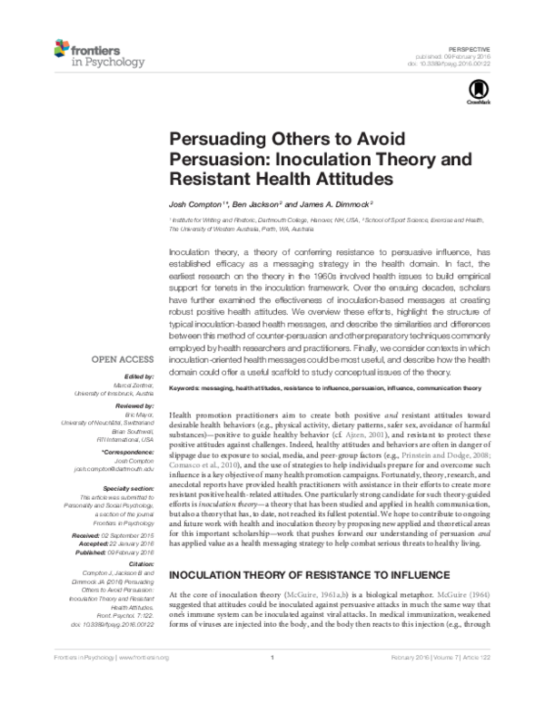 (PDF) Persuading others to avoid persuasion: Inoculation theory and ...