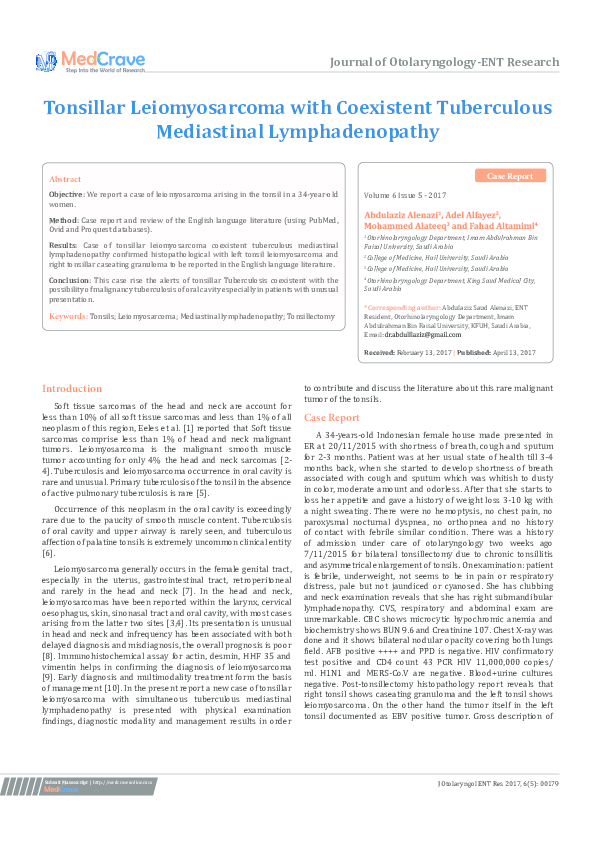 (PDF) Tonsillar Leiomyosarcoma with Coexistent Tuberculous Mediastinal Lymphadenopathy Method ...