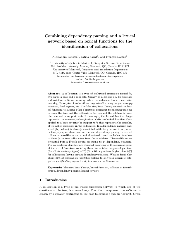 (PDF) Combining dependency parsing and a lexical network based on lexical functions for the ...
