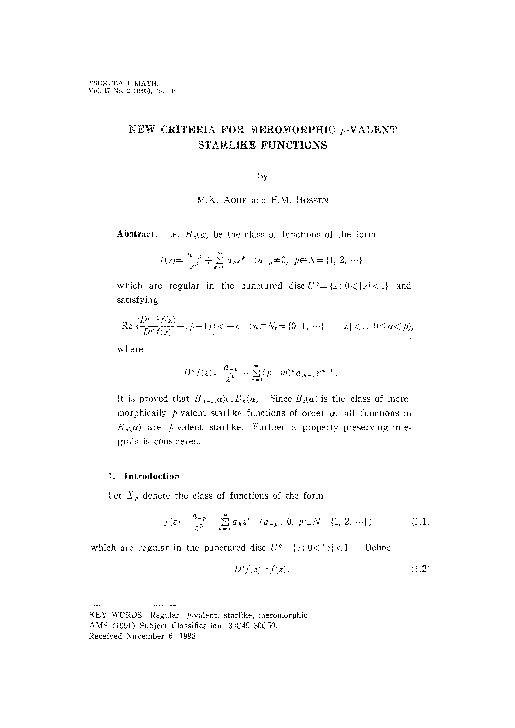 Pdf New Certeria Of Meromorphic P Valent Starlike Functions