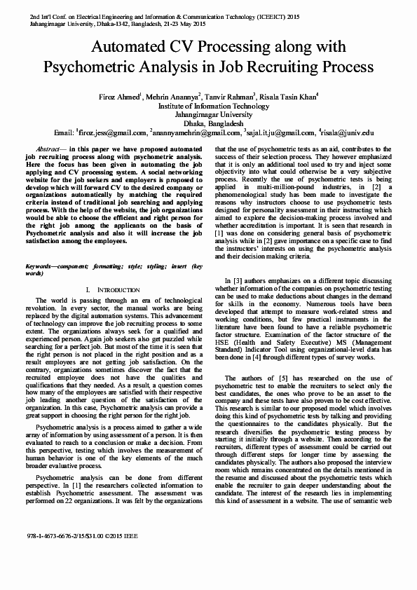 (PDF) Automated CV Processing along with Psychometric Analysis in Job ...