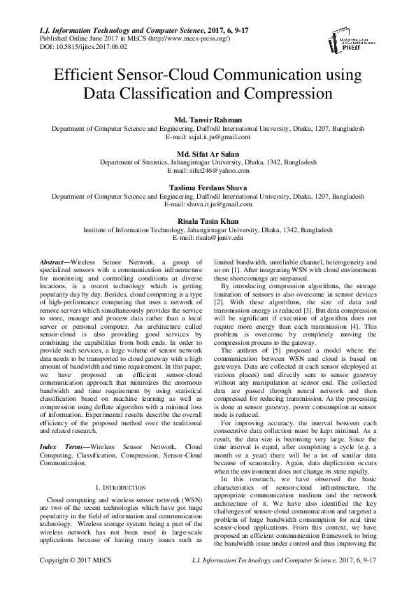 (PDF) Efficient Sensor-Cloud Communication using Data Classification and Compression