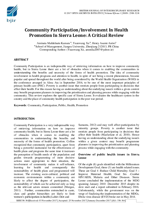 (PDF) Community Participation/Involvement In Health Promotion In Sierra ...