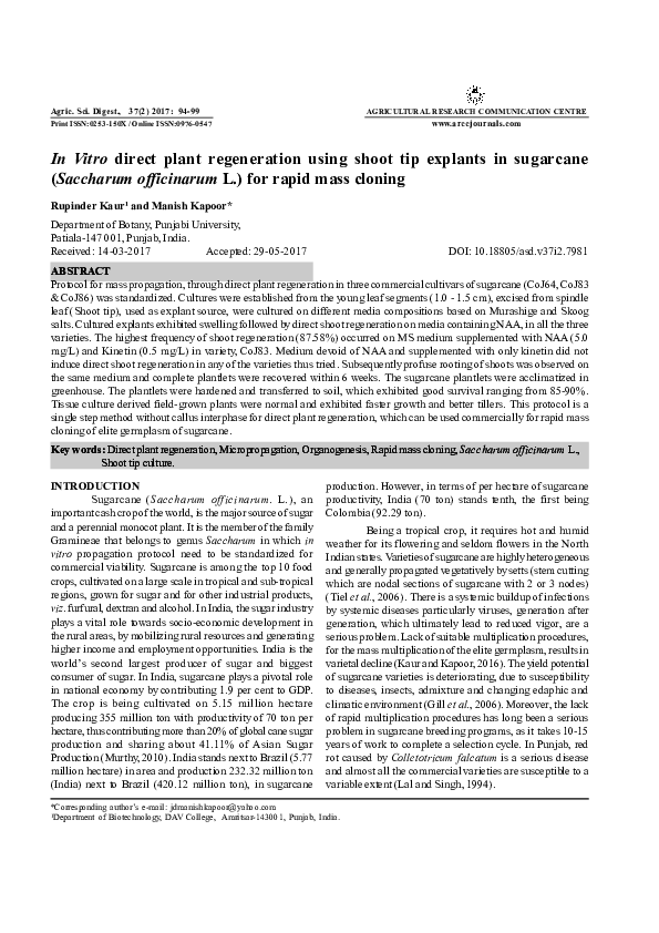 Pdf In Vitro Direct Plant Regeneration Using Shoot Tip Explants In